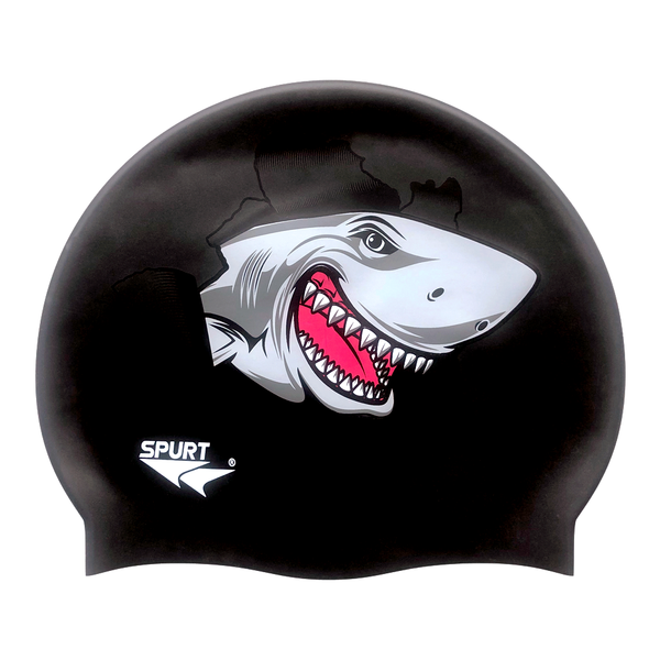 Shark Ripping Through Cap on SB14 Metallic Black Spurt Silicone Swim C ...